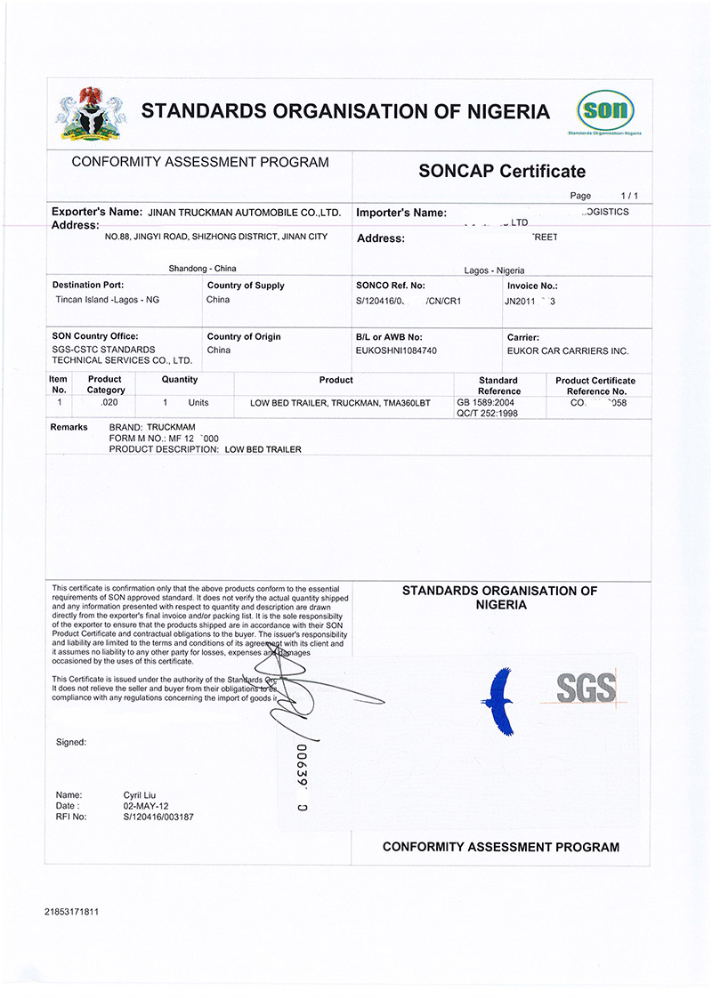 SONCAP Certificate - JINAN TRUCKMAN AUTOMOBILE CO.,LTD.